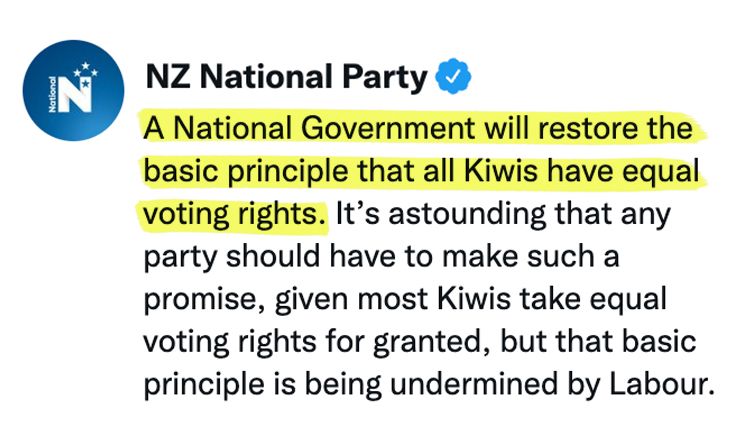 the National Party says it will restore equal voting rights to everyone ...