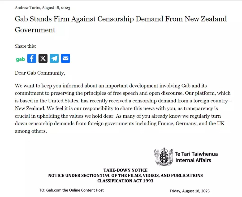 our Chipkins government is now trying to censor Gab.com, based in the ...
