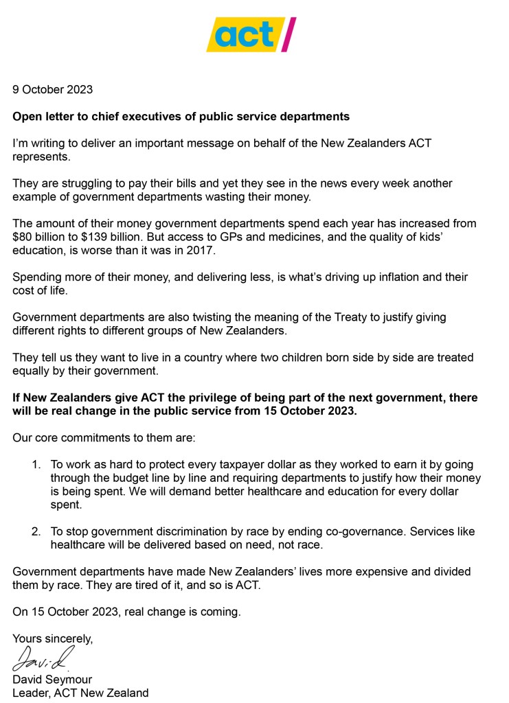 open letter from David Seymour to government department bosses ...