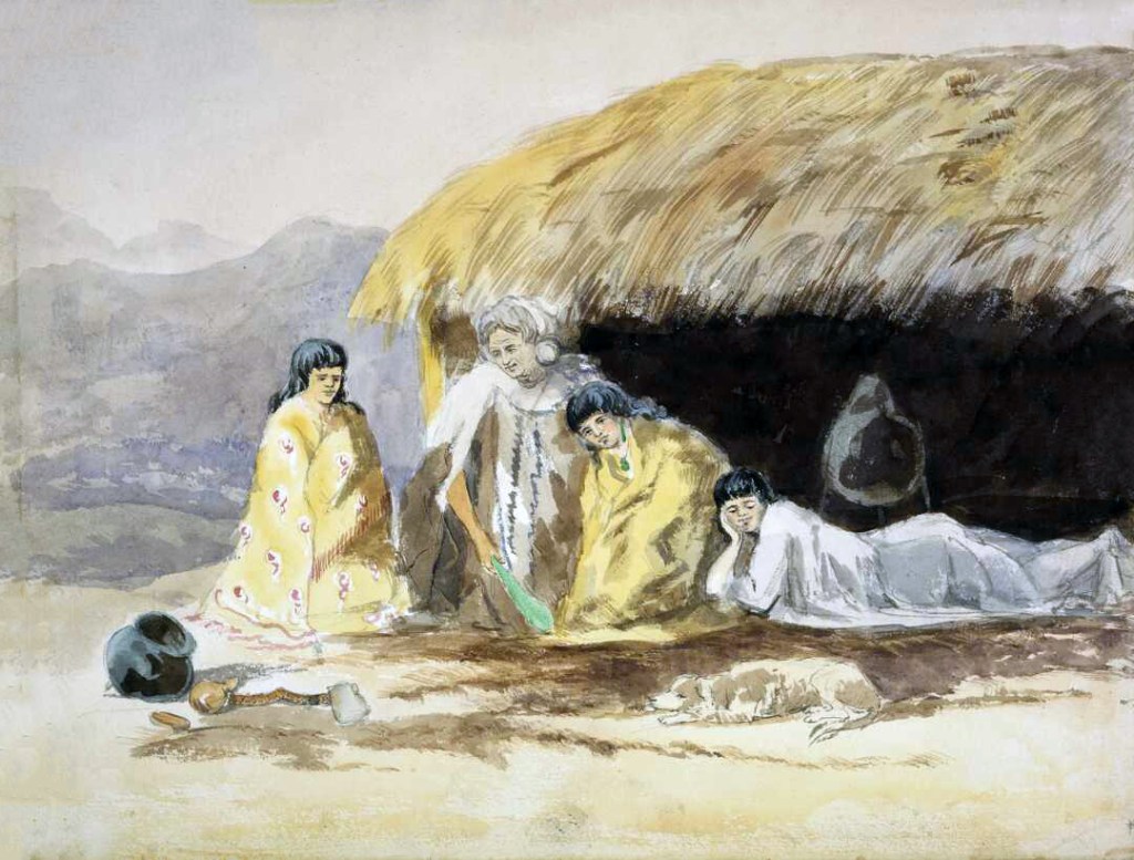 Te Rangihaeata and family outside a whare, Waikanae, 1851 art ...